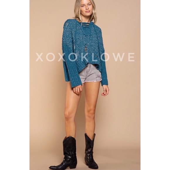 POL | Sweaters | Pol Teal Tattered Hoodie Sweater Ribbed Knit Relaxed ...